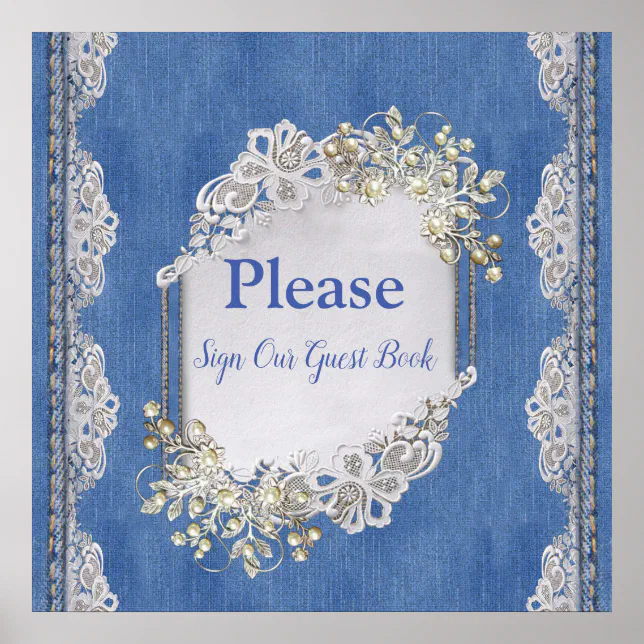 Denim Textured Lace and Pearls Poster | Zazzle