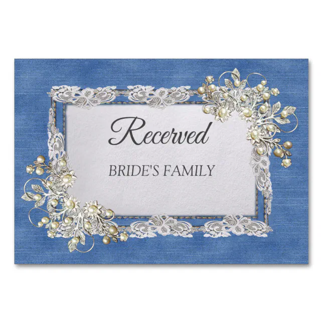 Denim Textured Lace and Pearls Table Number | Zazzle