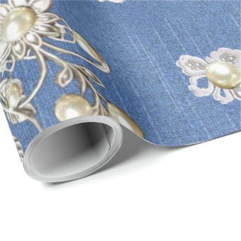 Denim Textured Lace and Pearls Wrapping Paper | Zazzle