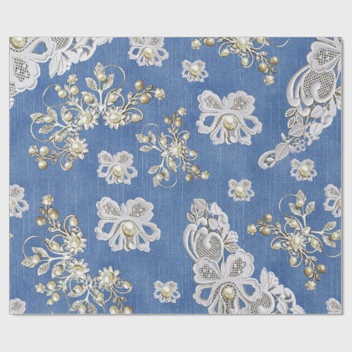 Denim Textured Lace and Pearls Wrapping Paper | Zazzle