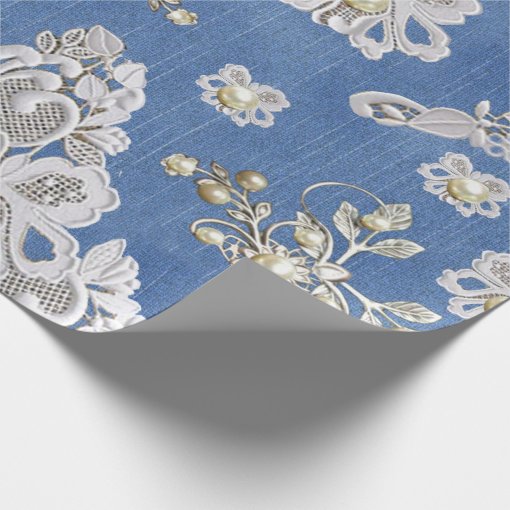 Denim Textured Lace and Pearls Wrapping Paper | Zazzle