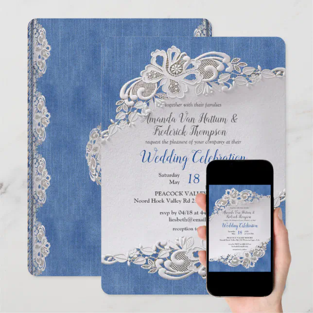 Denim with Cream Flower Lace Invitation | Zazzle