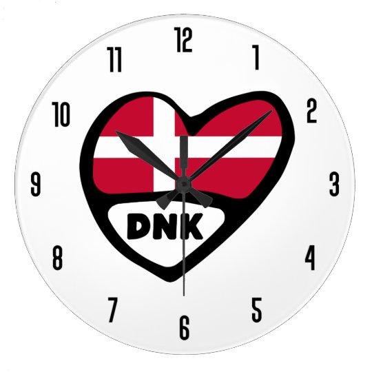 Denmark Country Code DNK Flag Heart Large Clock | Zazzle.com