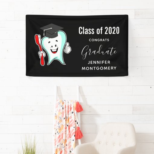 Dental Care Happy Tooth with Toothbrush Graduation Banner | Zazzle
