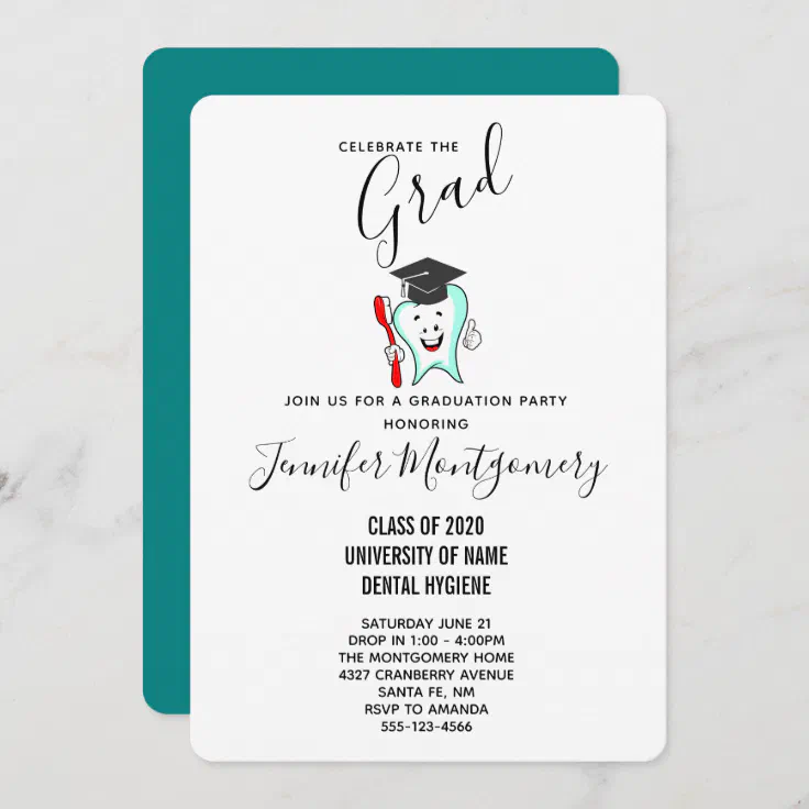 Dental Care Happy Tooth with Toothbrush Graduation Invitation | Zazzle
