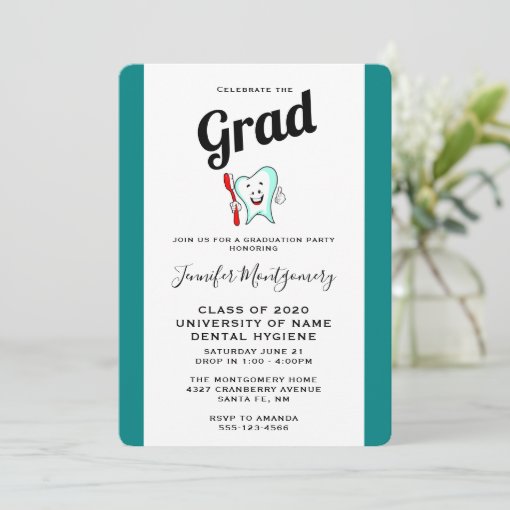 Dental Care Happy Tooth with Toothbrush Graduation Invitation | Zazzle