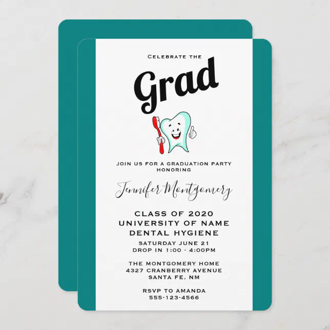 Dental Care Happy Tooth with Toothbrush Graduation Invitation | Zazzle