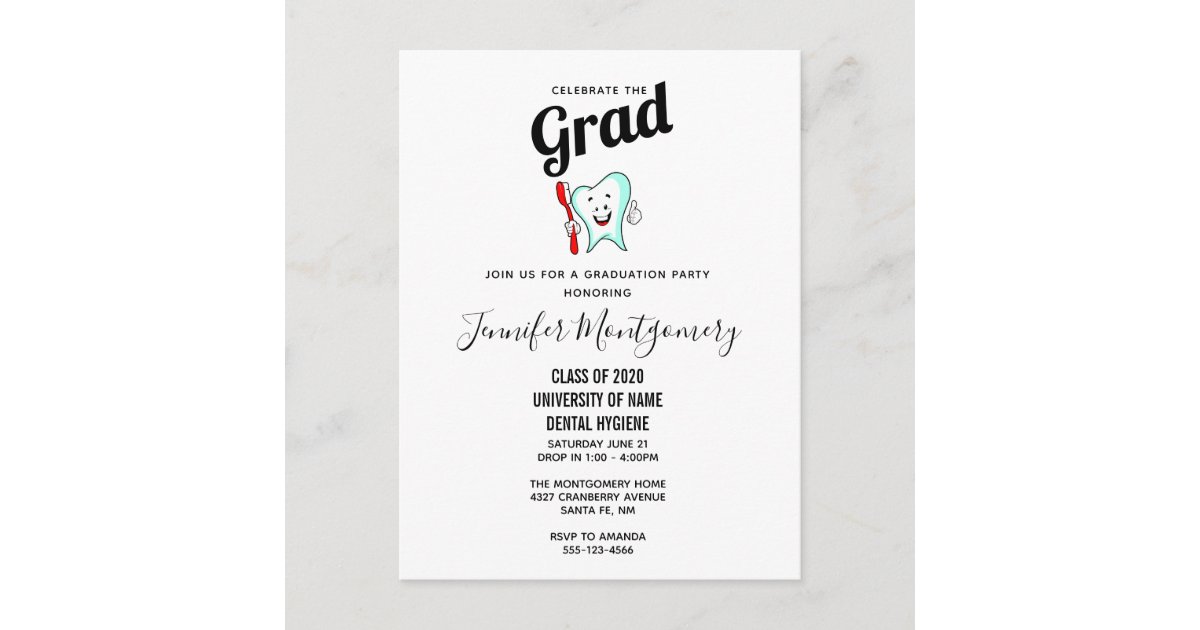 Dental Care Happy Tooth with Toothbrush Graduation Invitation Postcard ...