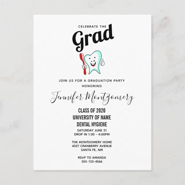 Dental Care Happy Tooth with Toothbrush Graduation Invitation Postcard ...