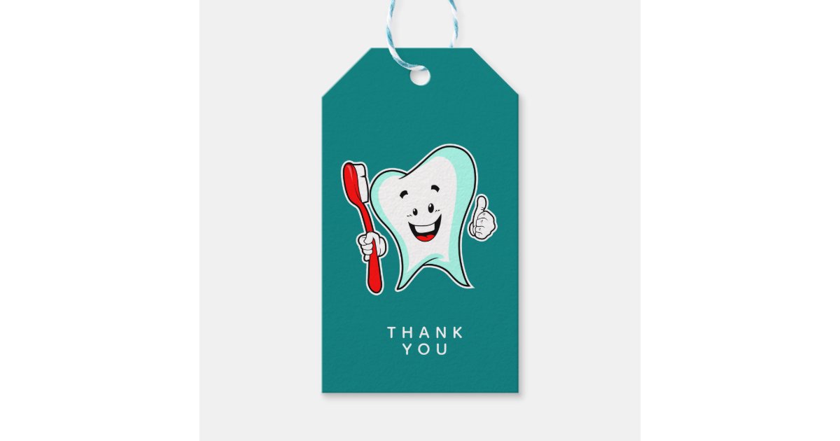 Dental Care Happy Tooth with Toothbrush Thank You Gift Tags | Zazzle