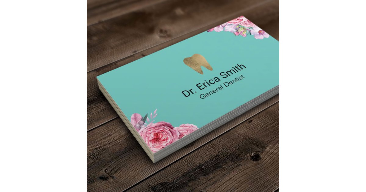 Dentist Vintage Floral Gold Tooth Dental Care Teal Business Card | Zazzle