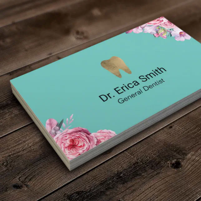 Dentist Vintage Floral Gold Tooth Dental Care Teal Business Card | Zazzle