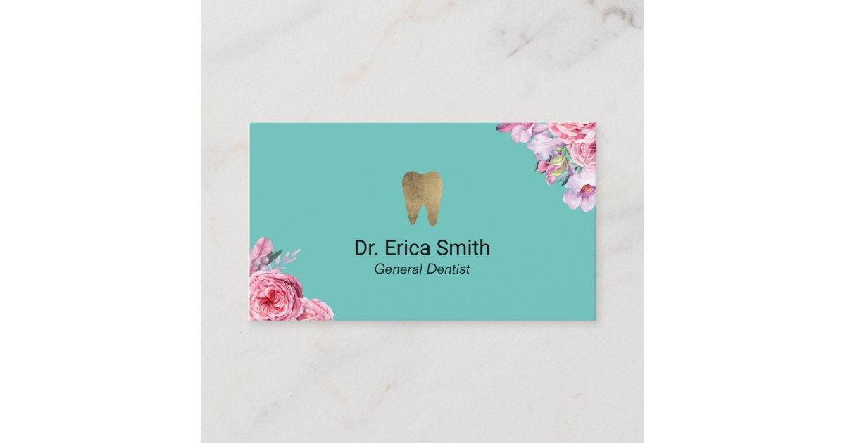 Dentist Vintage Floral Gold Tooth Dental Care Teal Business Card | Zazzle