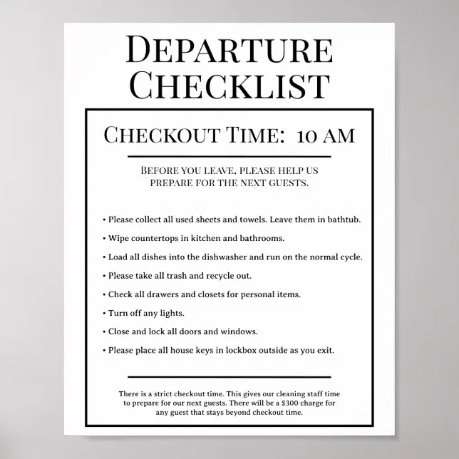 Departure Checklist Vacation Rental Airbnb Card Poster | Zazzle