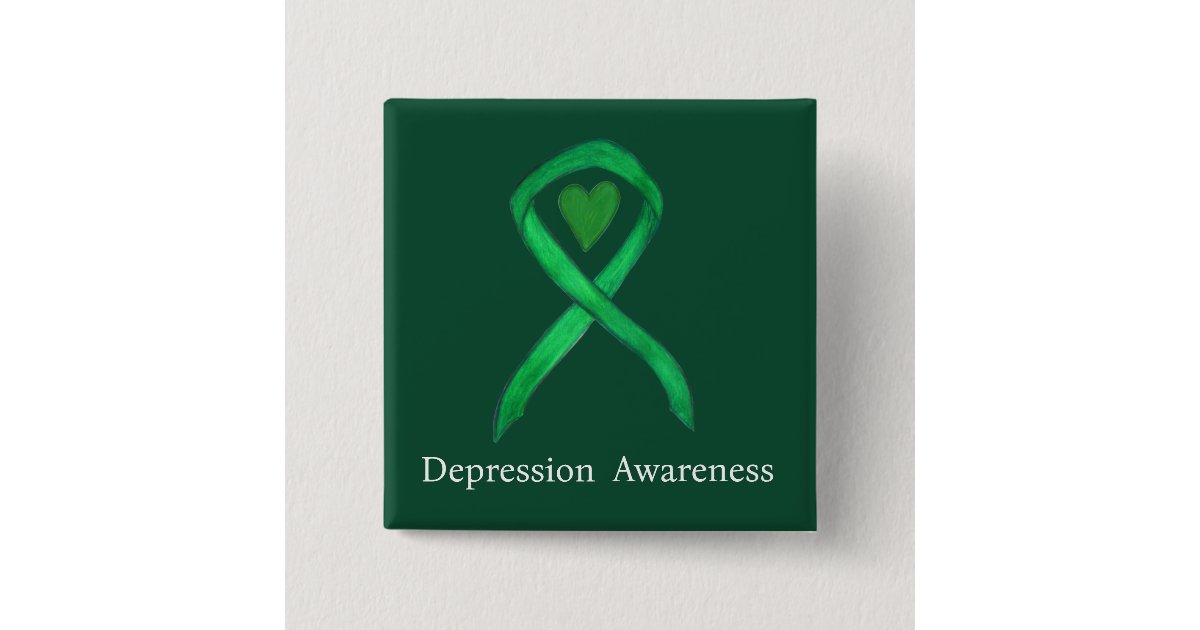 Depression Awareness Ribbon Green Heart Pin Button | Zazzle