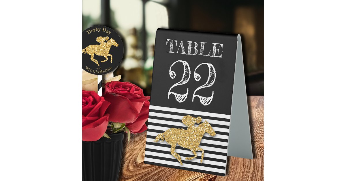 Derby Gold Racehorse and Jockey Table Tent | Zazzle