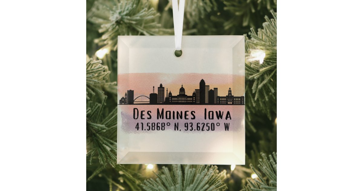 Des Moines IA City Skyline Latitude and Longitude Glass Ornament | Zazzle