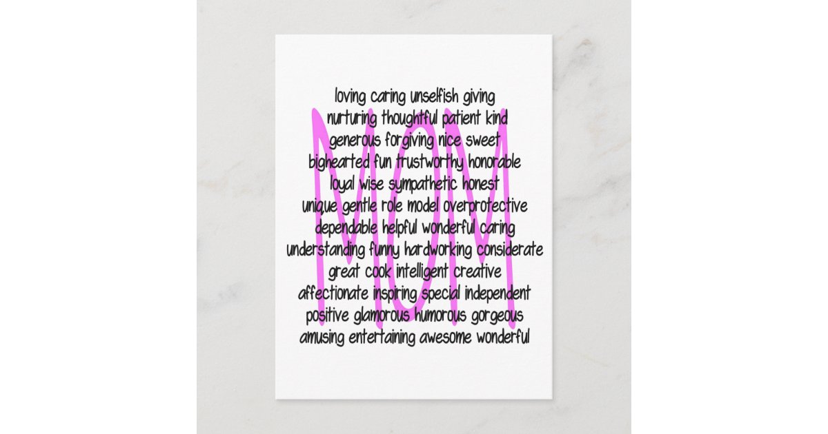 Descriptive Words For Mom Postcard | Zazzle