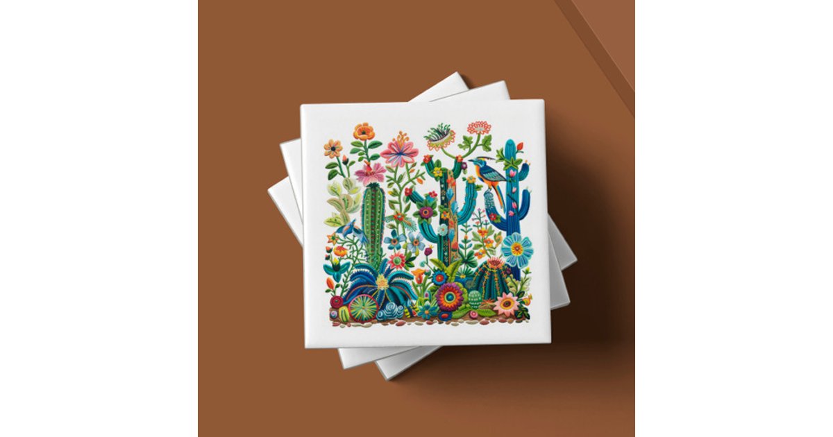 Desert Blooms Embroidered Eden Ceramic Tile | Zazzle