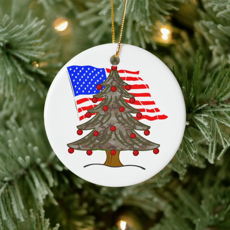 Desert Camouflage Christmas Tree w/American Flag Ceramic Ornament | Zazzle