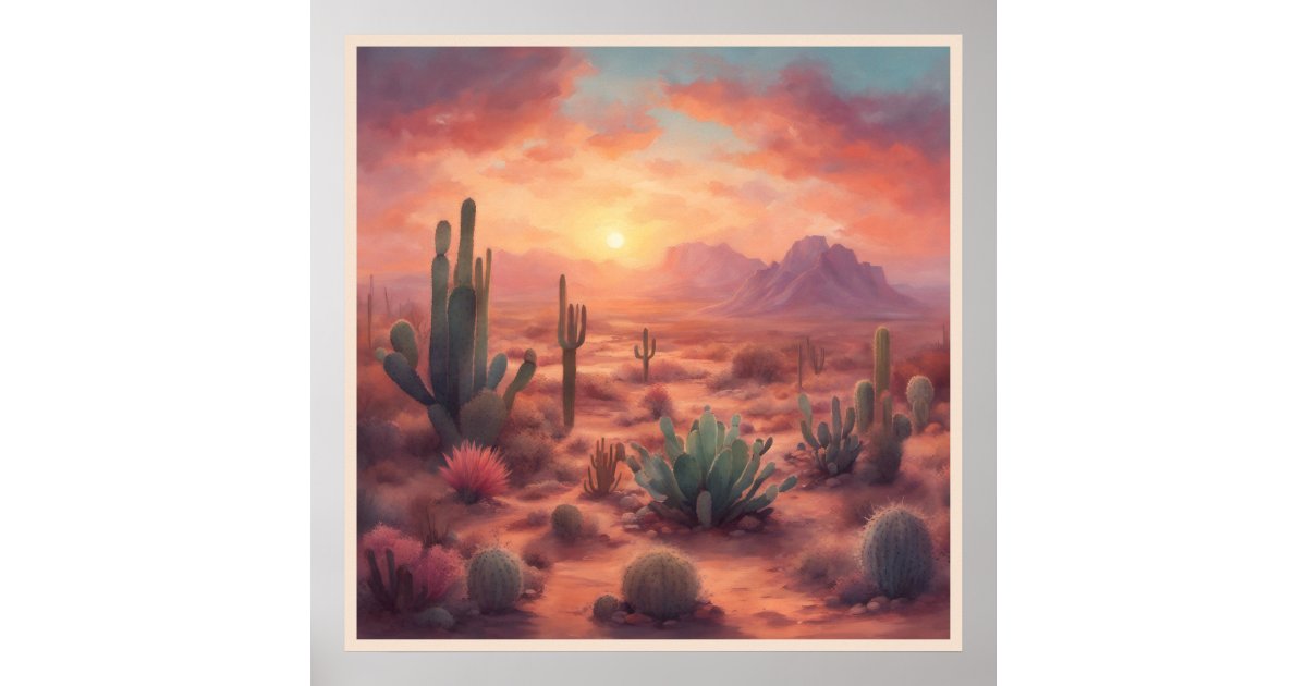 Desert Sequoia Cactus Colorful Sunrise Art Poster | Zazzle