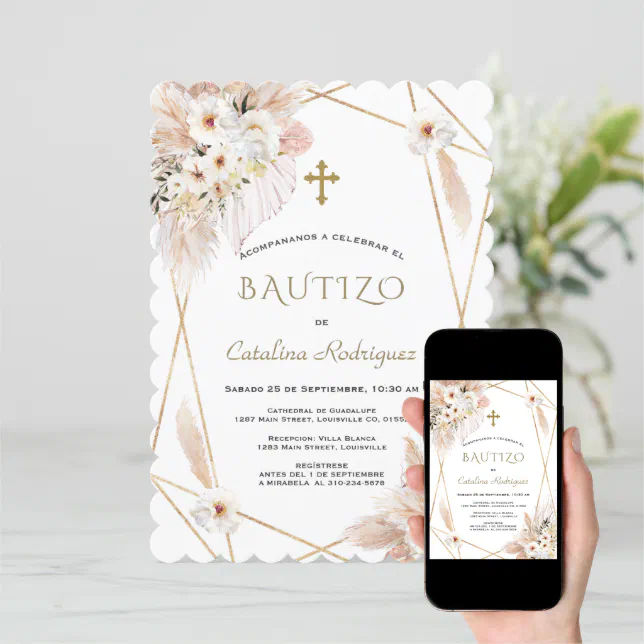 Desert White Roses Pampas Grass Baptism Invitation | Zazzle Desert White Roses Pampas Grass Baptism Invitation | Zazzle