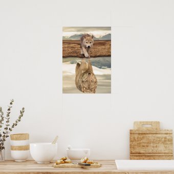 Desert Wolf Pup Water Reflection Poster | Zazzle