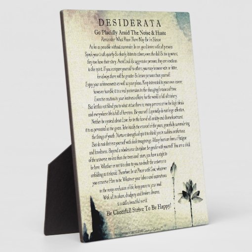 Desiderata Poem by Max Ehrmann Watercolor Lotus Plaque | Zazzle