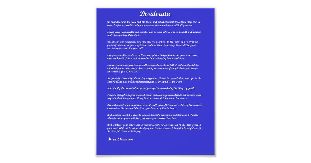 Desiderata poem on blue background photo print | Zazzle