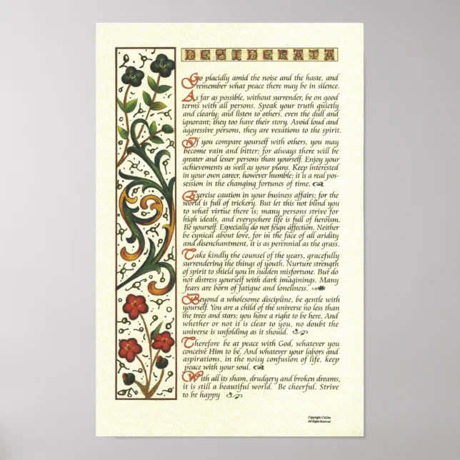 DESIDERATA Poster by Max Ehrmann= Leaf Calligraphy | Zazzle