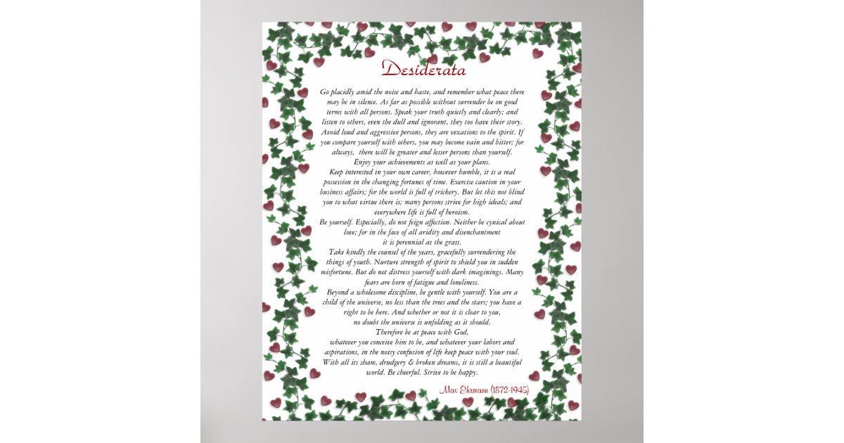 Desiderata Poster Ivy Hearts | Zazzle