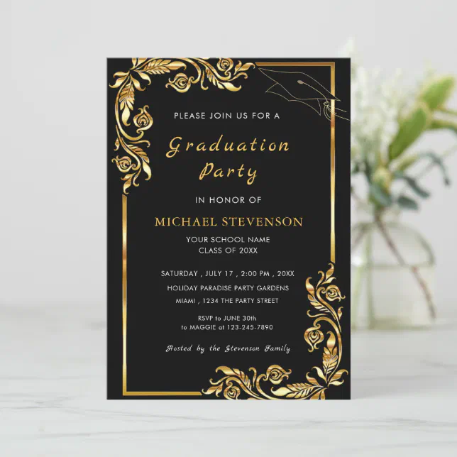 Postblack And Gold Graduation Invitations