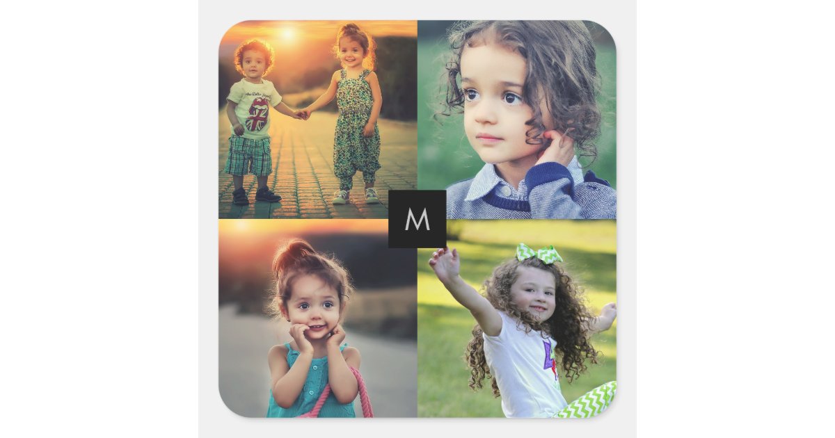 Design your own family photo collage monogrammed square sticker | Zazzle