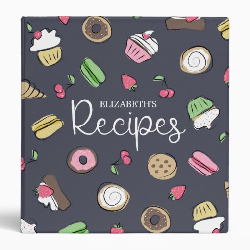 Dessert Doodles Gray Baked Goods Recipes 3 Ring Binder | Zazzle