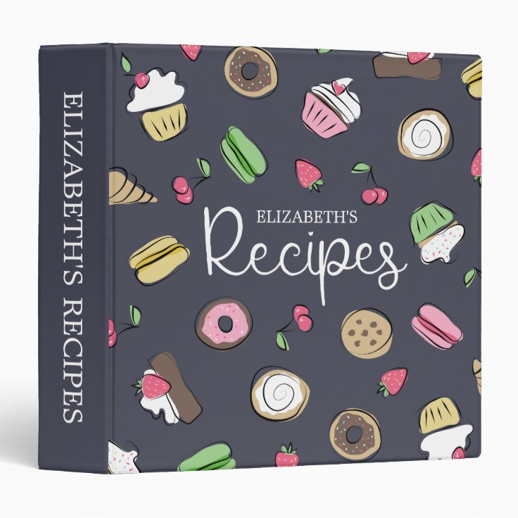 Dessert Doodles Gray Baked Goods Recipes 3 Ring Binder | Zazzle