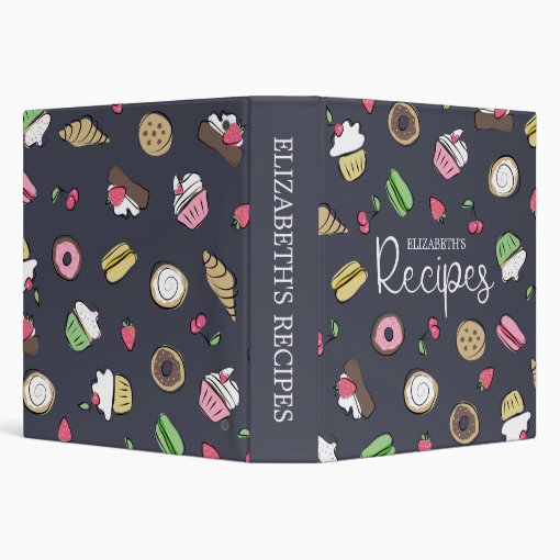 Dessert Doodles Gray Baked Goods Recipes 3 Ring Binder | Zazzle