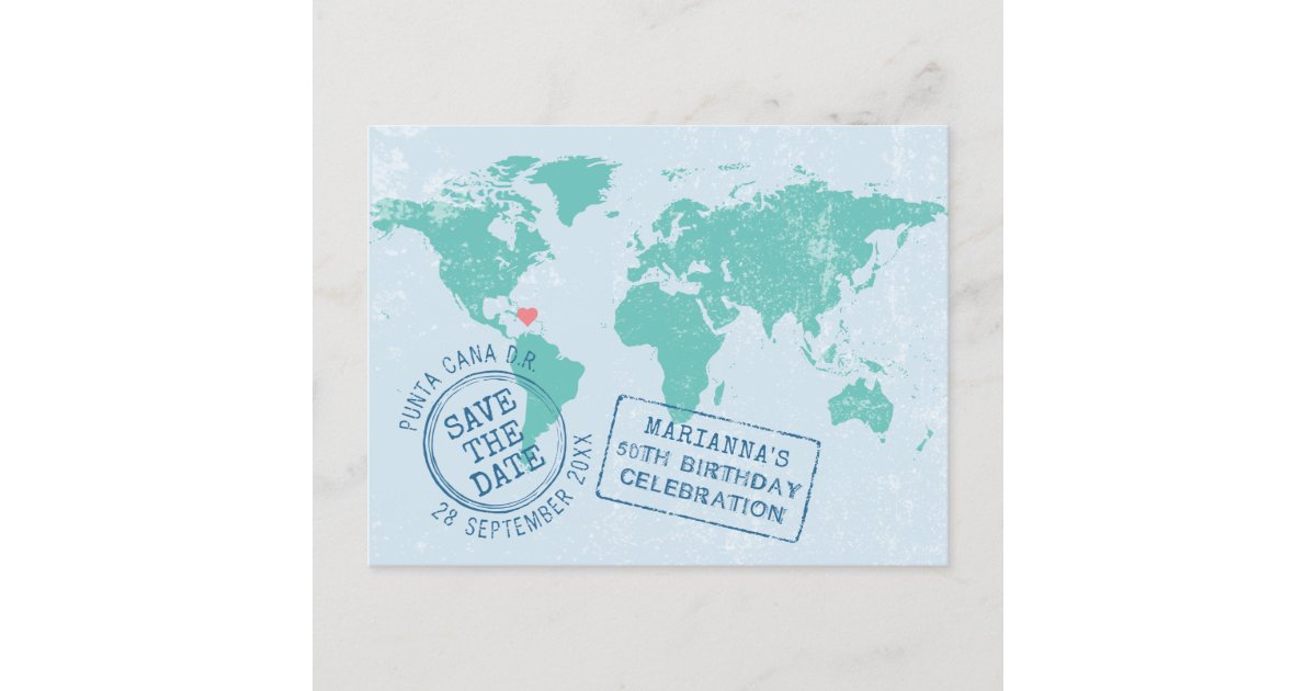 Destination Birthday Map Save the Date Announcement Postcard | Zazzle