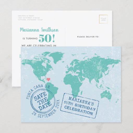Destination Birthday Map Save the Date Announcement Postcard | Zazzle
