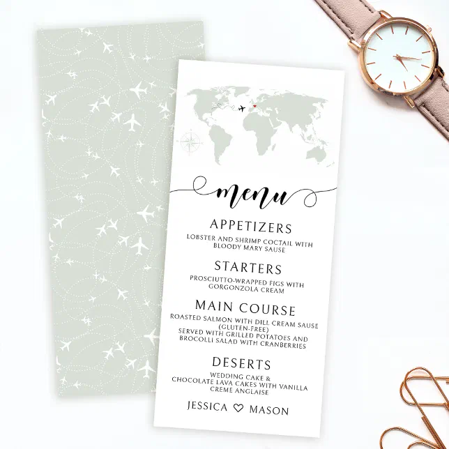 Destination travel theme wedding world map menus | Zazzle