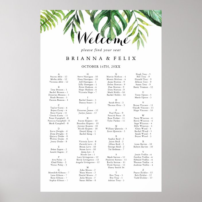 Destination Tropical Alphabetical Seating Chart | Zazzle