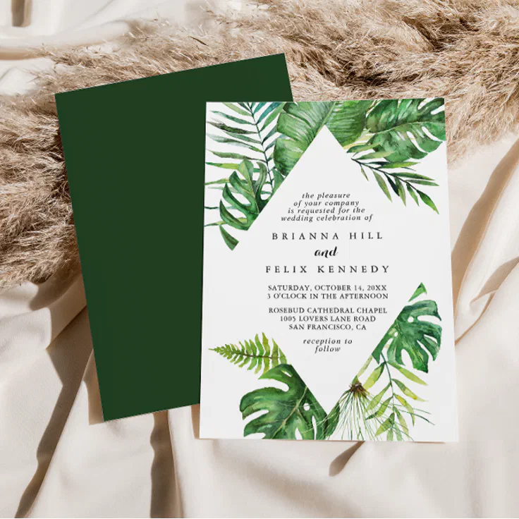 Destination Tropical Greenery Diamond Wedding Invitation | Zazzle