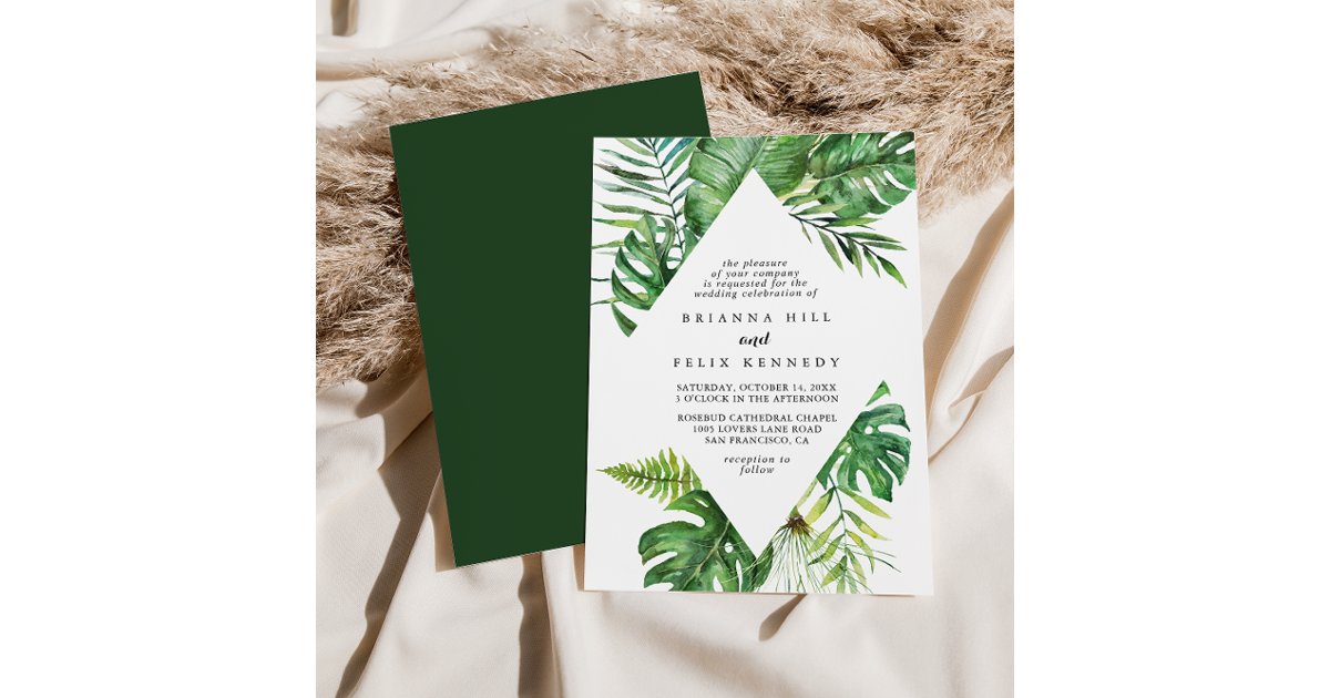Destination Tropical Greenery Diamond Wedding Invitation | Zazzle