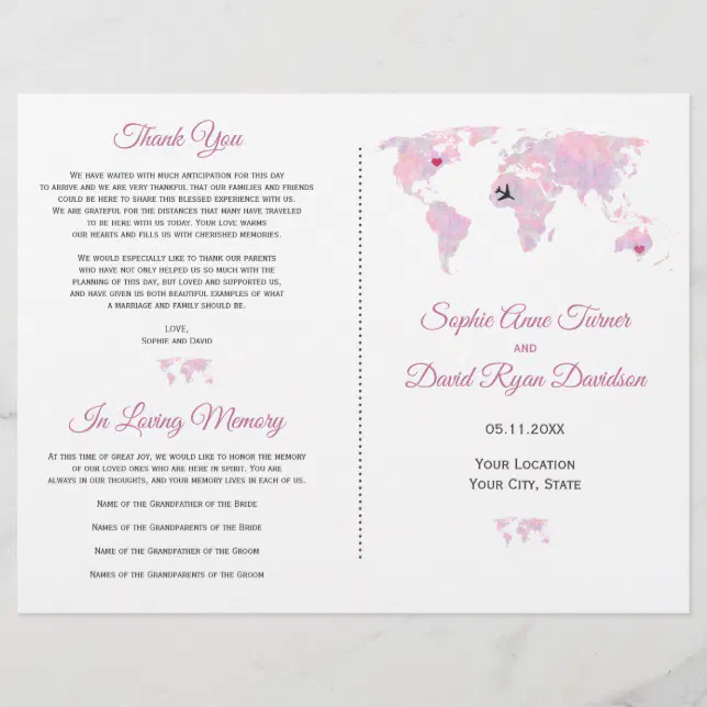 Destination Watercolor World Map Wedding Program | Zazzle