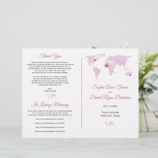 Destination Watercolor World Map Wedding Program | Zazzle