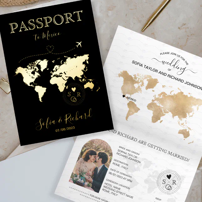 Destination Wedding Black Gold World Map Passport Foil Greeting Card ...