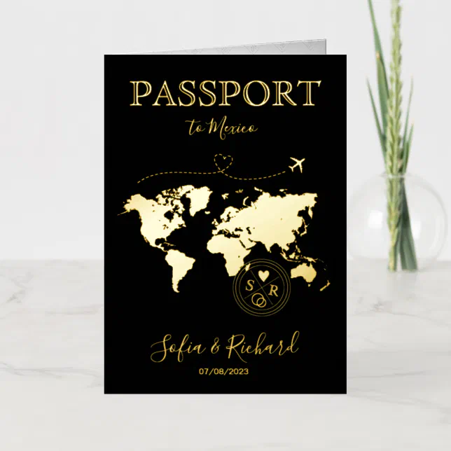 Destination Wedding Black Gold World Map Passport Foil Greeting Card ...