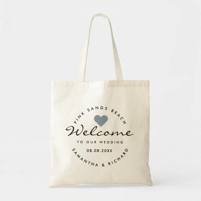 Destination Wedding Dusty Blue Heart Guest Welcome Tote Bag | Zazzle