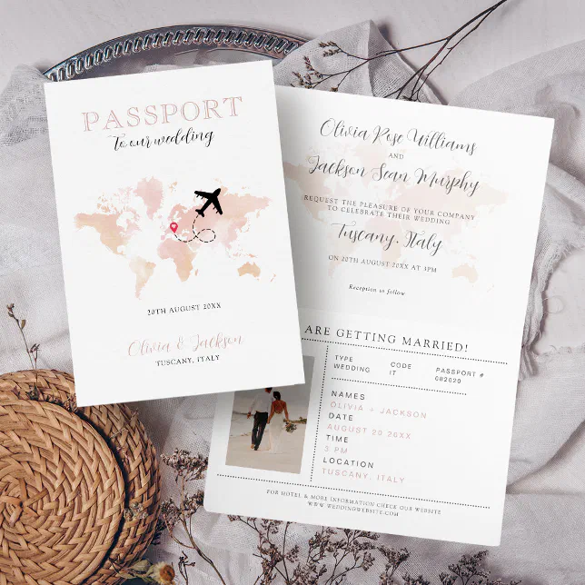 Destination Wedding Passport Blush Pink World Map Invitation | Zazzle
