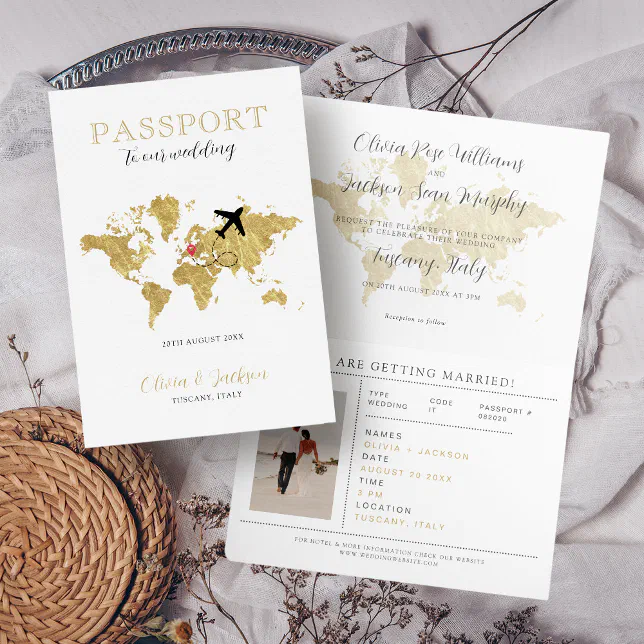 Destination Wedding Passport Gold World Map Invitation | Zazzle