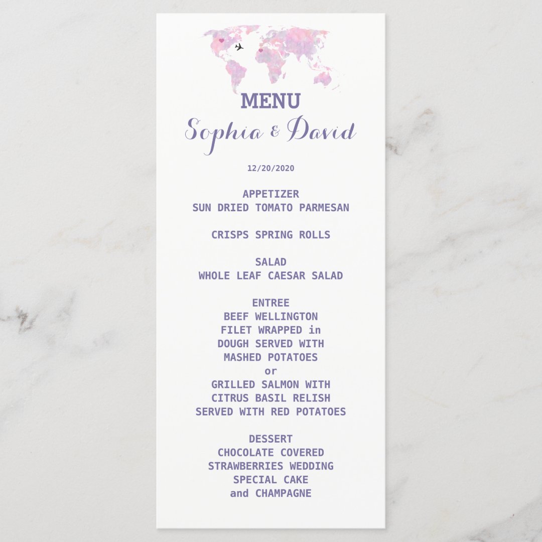 Destination Wedding Watercolor World Map Menu | Zazzle